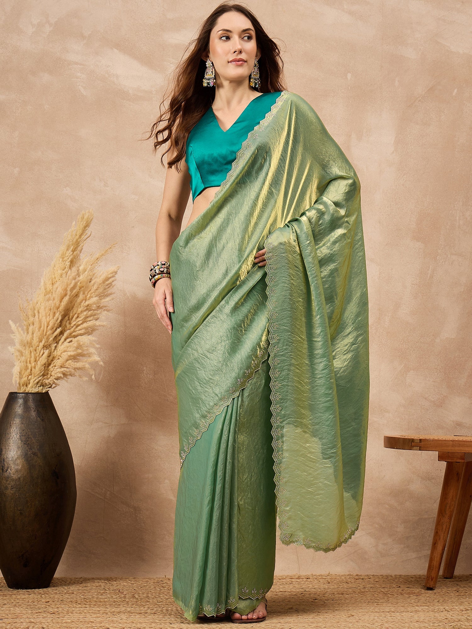Pista Satin Solid With Stone Work Border Saree with Unstitched Blouse ...